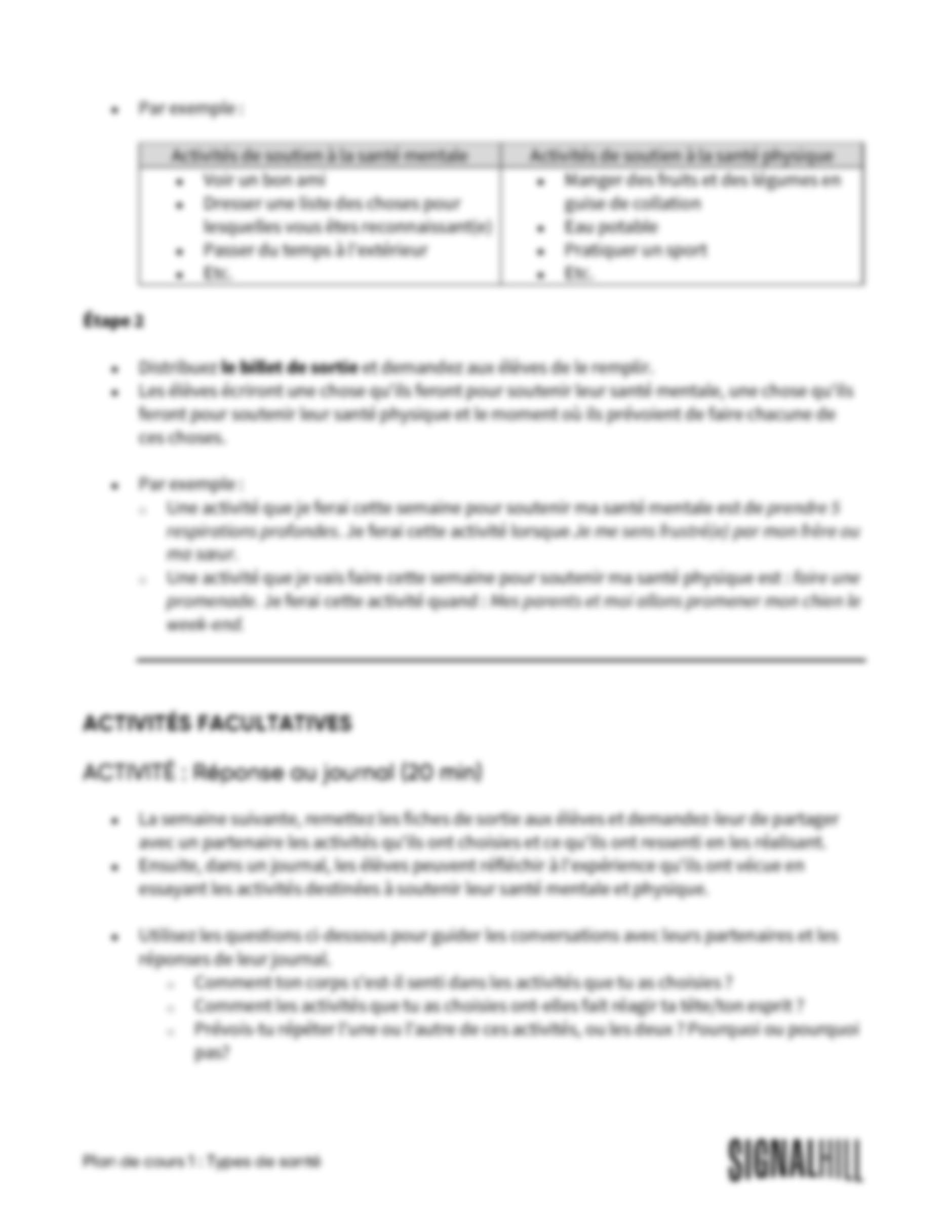 Plan de cours 1: Les types de santé – Signal Hill