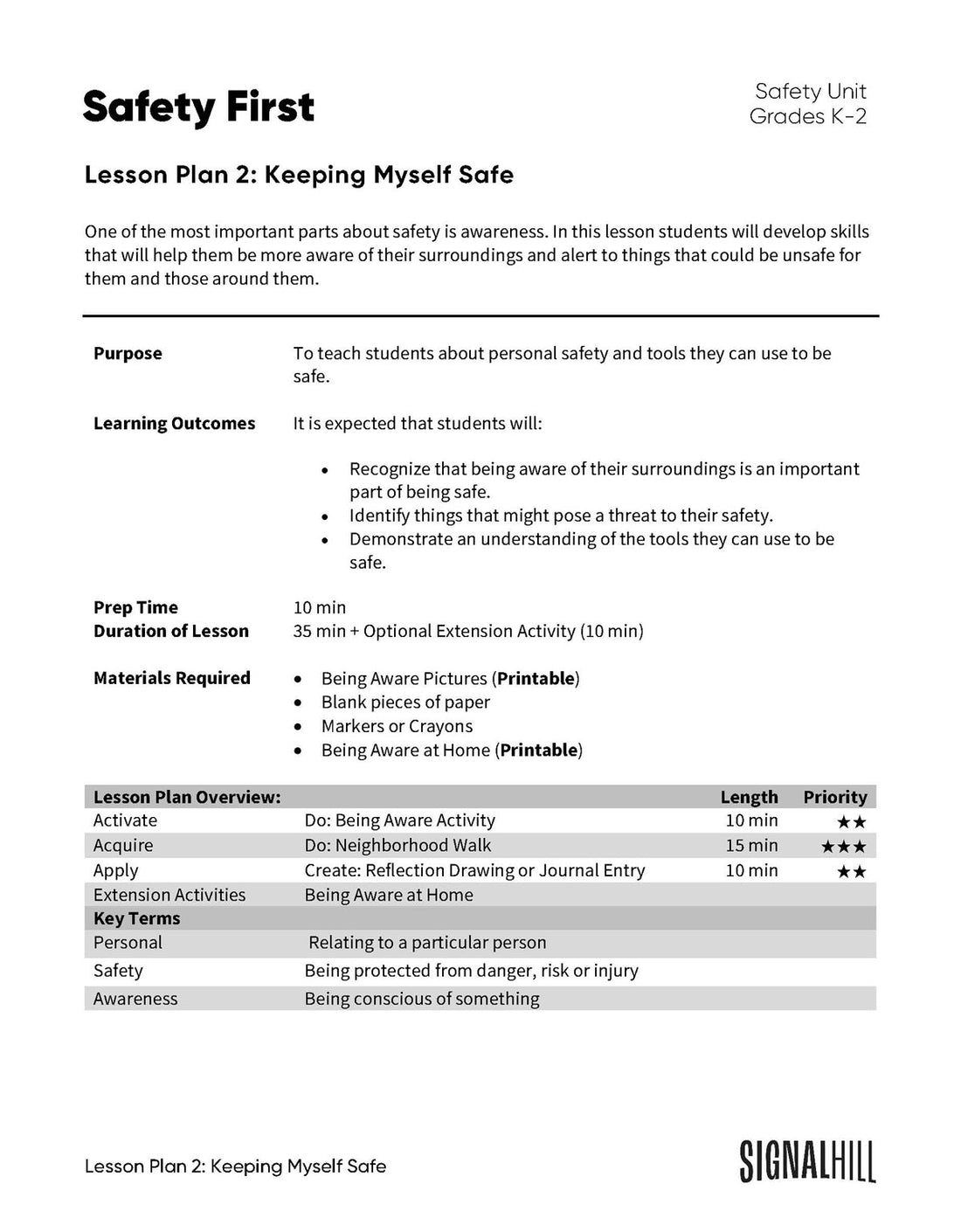 Grades K-2 Lesson Plan: Keeping Myself Safe – Signal Hill