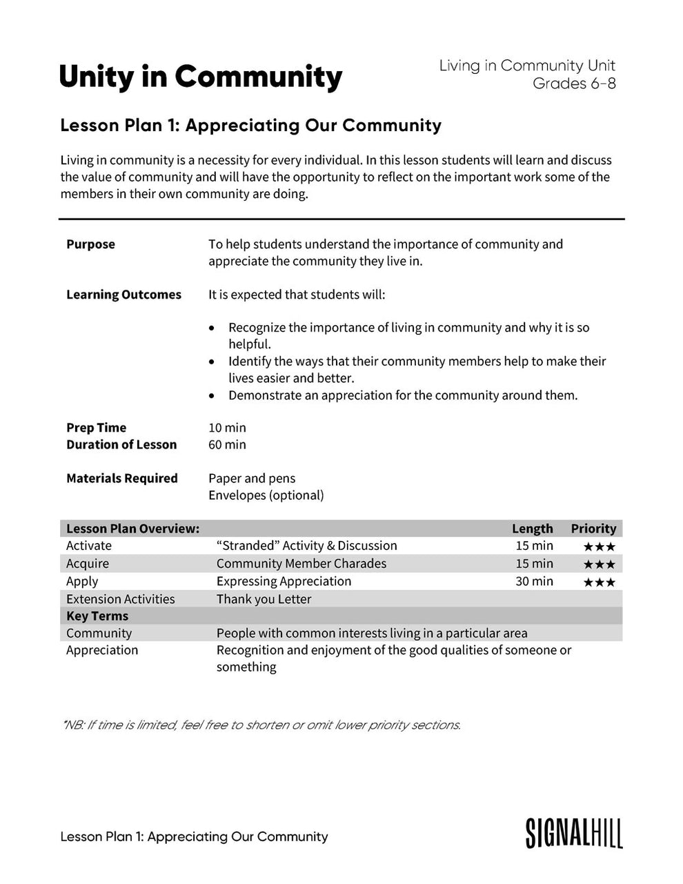 Unity in Community - Lesson Plan Bundle - Grades 6-8 – Signal Hill